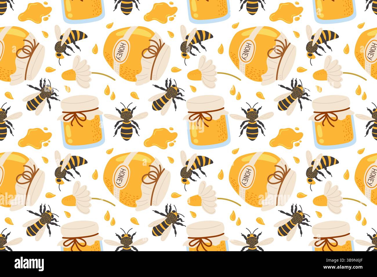 Bees and honey jars create a vibrant pattern in a cheerful setting for ...