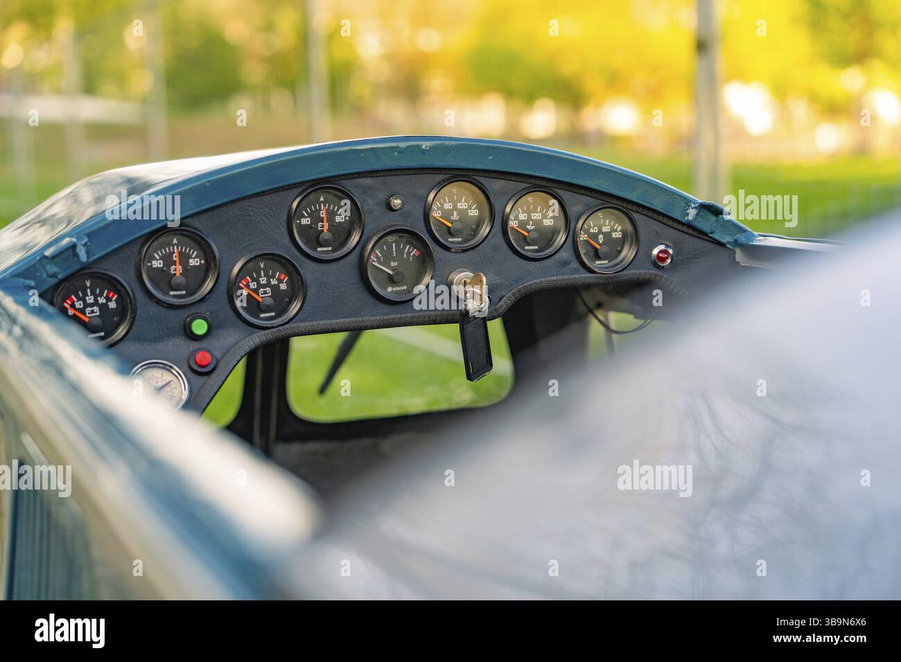 Close-up of an aircraft cockpit with numerous instruments, Nagold ...