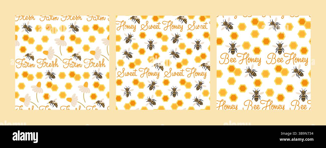 Bright and cheerful honey-themed patterns with bees and hexagons for ...