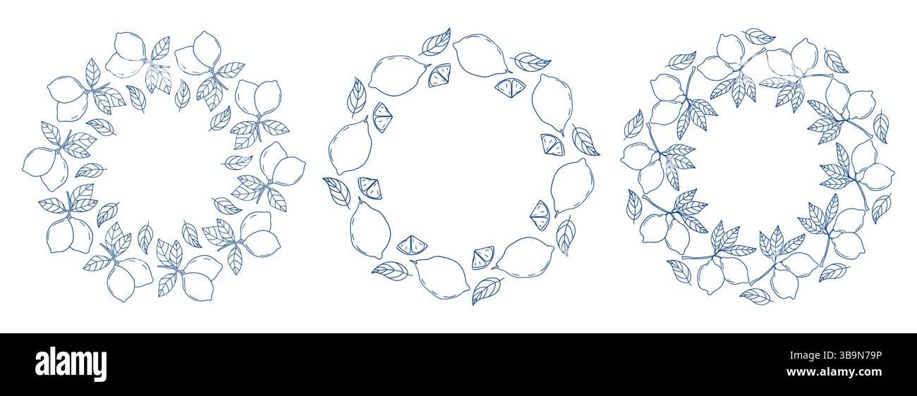 Creative lemon wreath designs in a delicate blue outline on a white ...