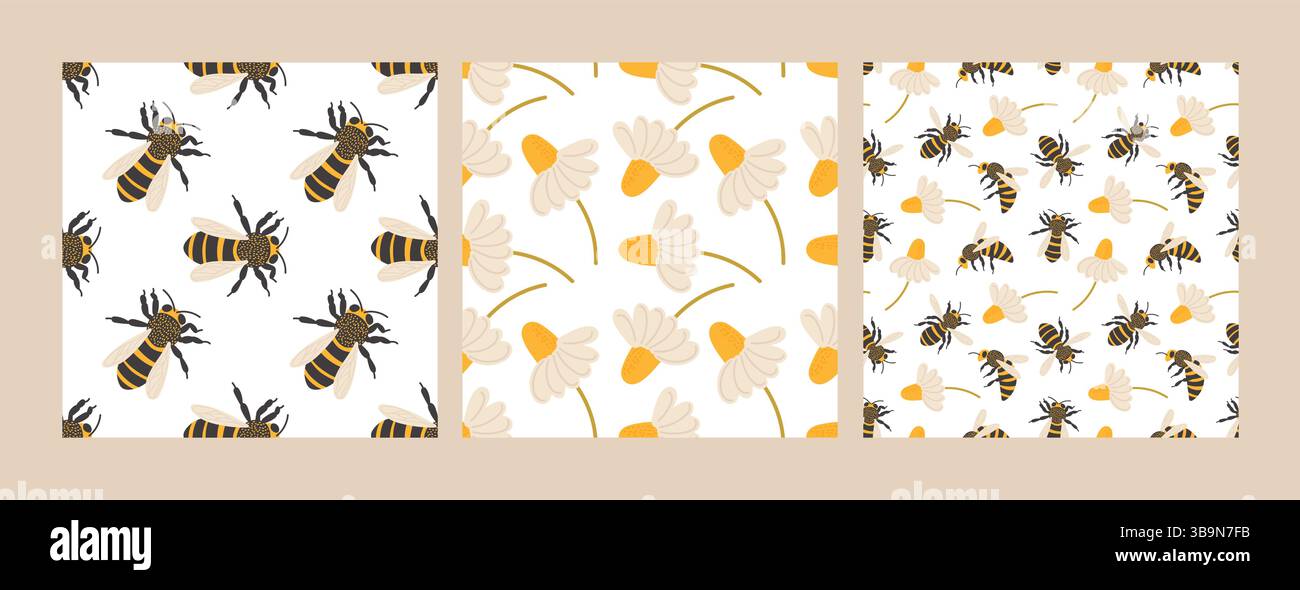 Patterns featuring bees and flowers in a whimsical design for fabric ...