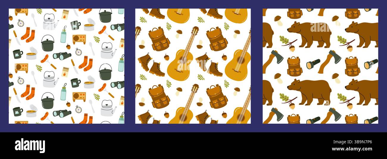 Colorful camping-themed patterns featuring nature elements and outdoor ...