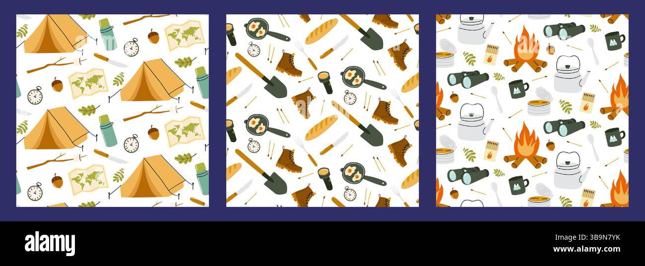 Camping essentials pattern featuring tents, maps, and cooking items for ...