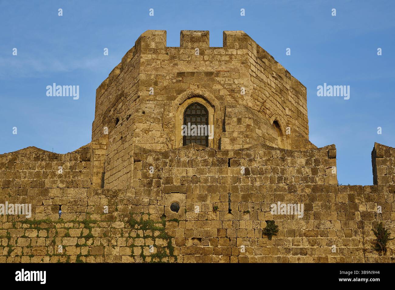 Tower, Rhodes town wall, morning light, detail of a medieval castle ...