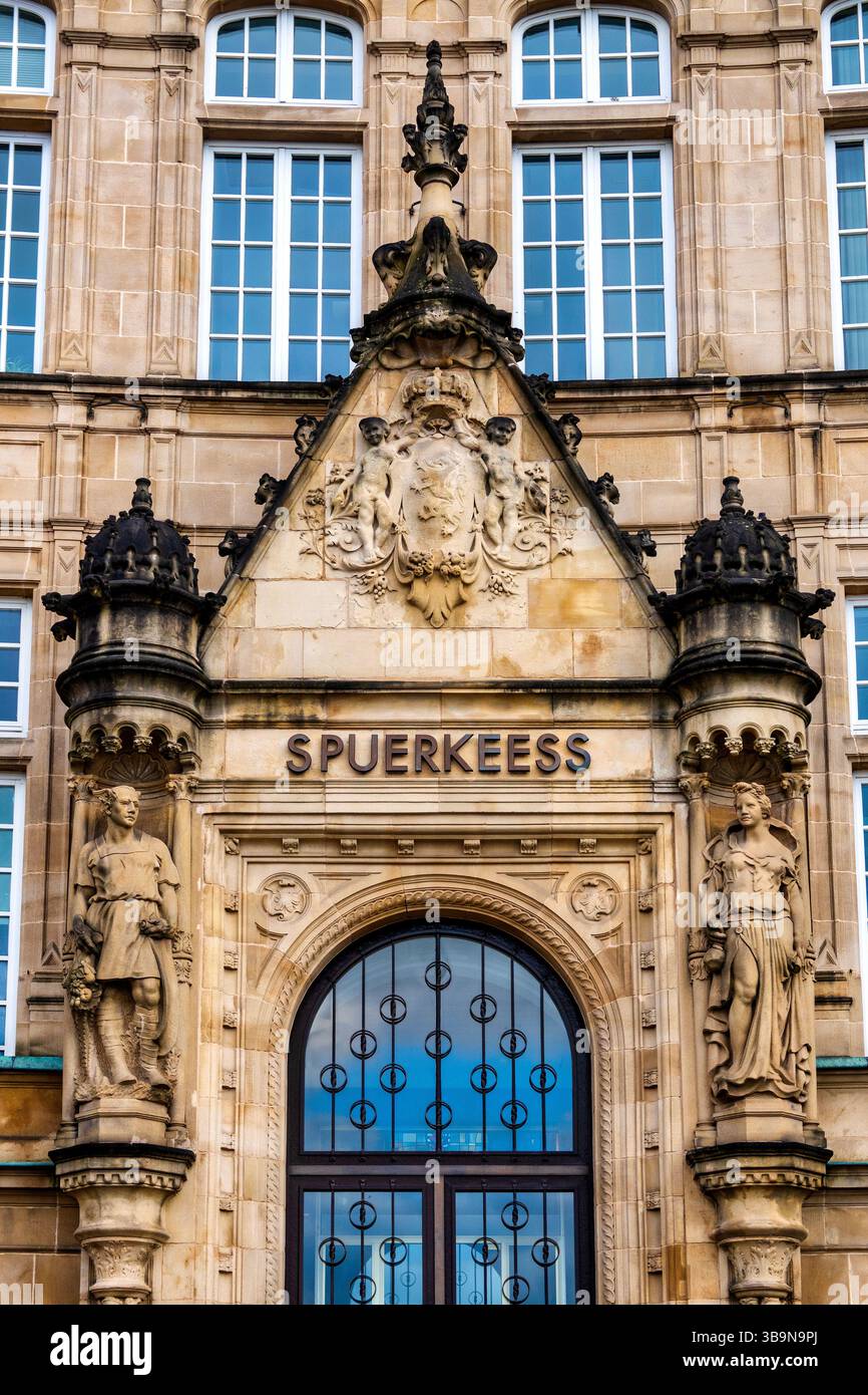 Sculpted main entrance of the state savings bank in Luxembourg City ...