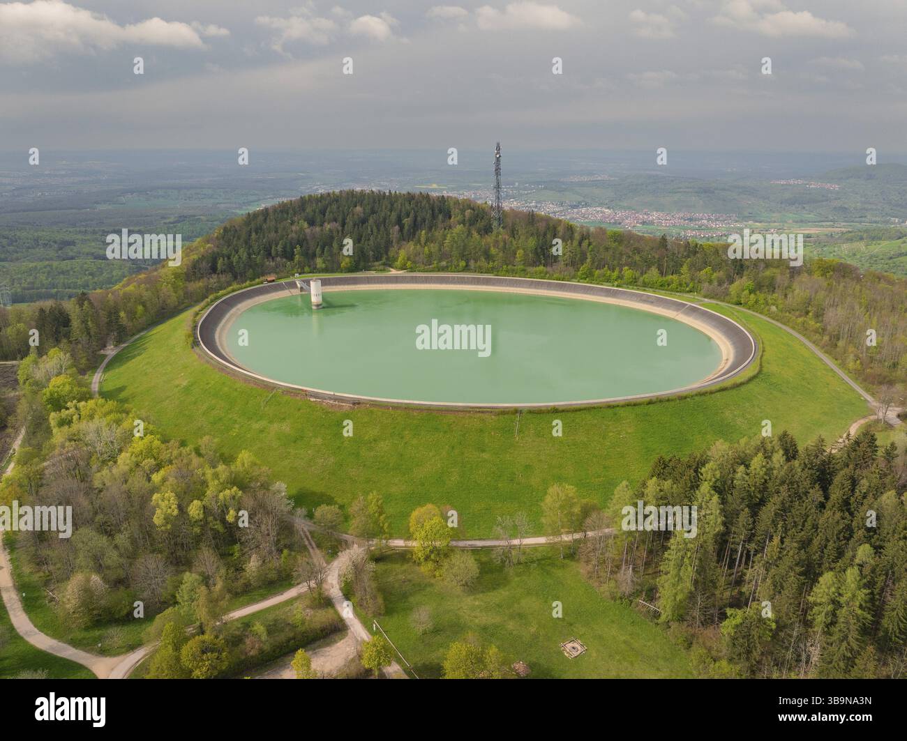 Upper reservoir, aerial view shows large round reservoir surrounded by ...