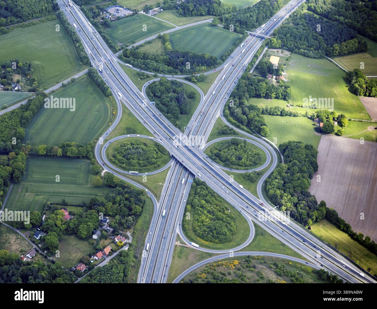 Aerial view, motorway junction Bielefeld, Germany, motorway, traffic ...