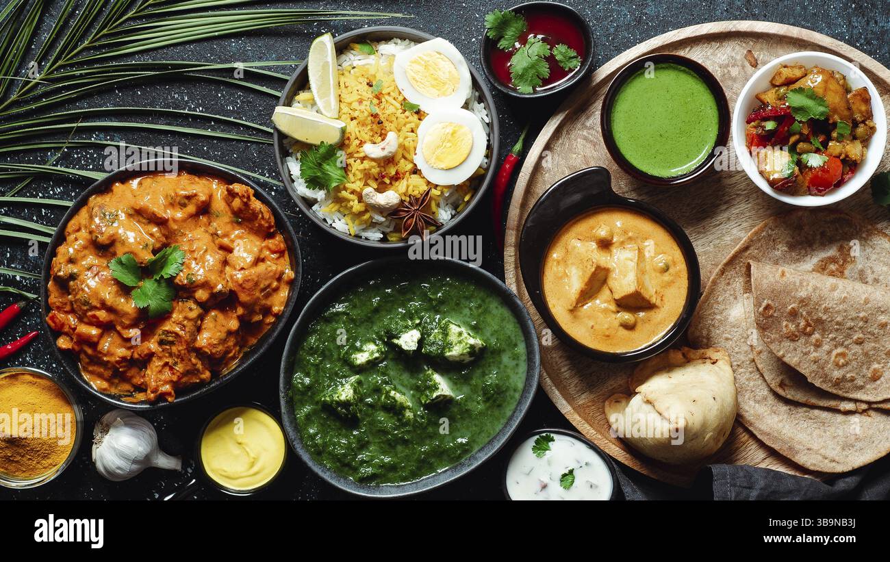 Indian cuisine dishes: tikka masala, paneer, samosa, chapati, chutney ...