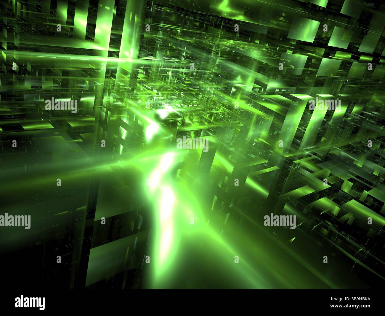 3d illustration - wall of glass blocks. Matrix green color. Perspective ...