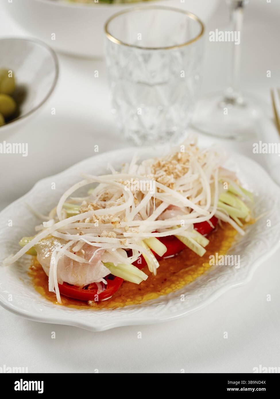 Sophisticated Fish ceviche in modern restaurant interior. Ceviche or ...