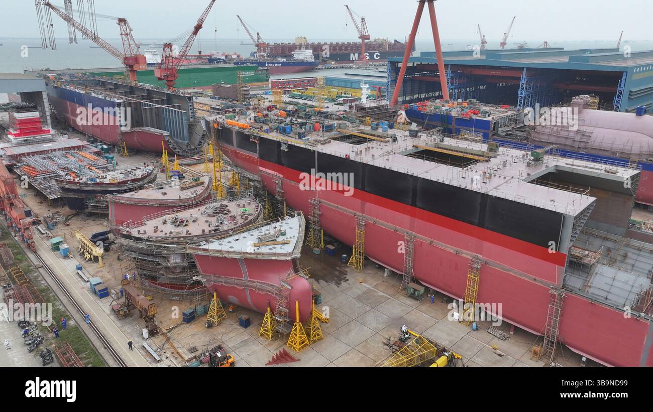 A view of sections of ships under construction in a shipyard in Taicang ...