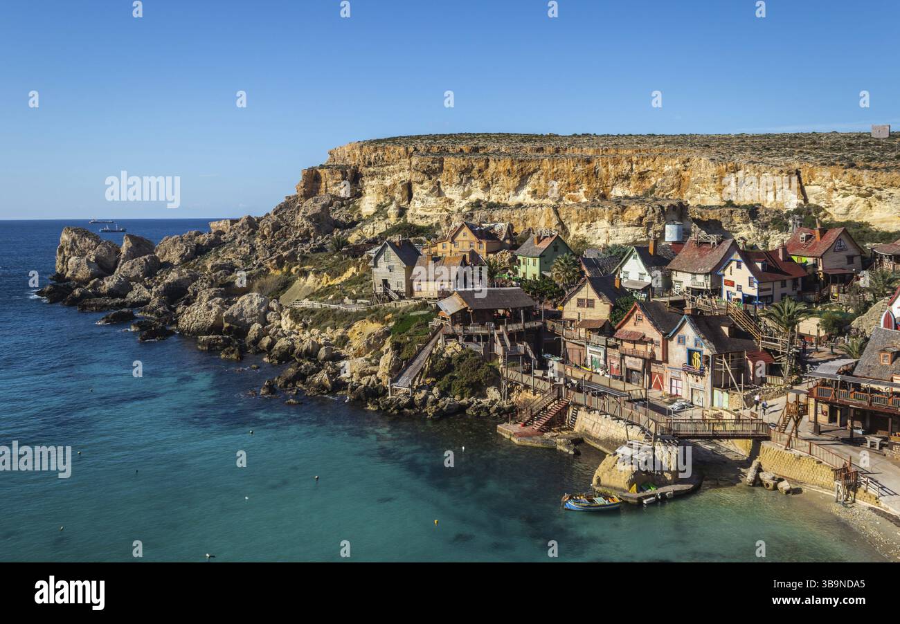 Home of Popeye. Village with many colorful houses in a comic style ...