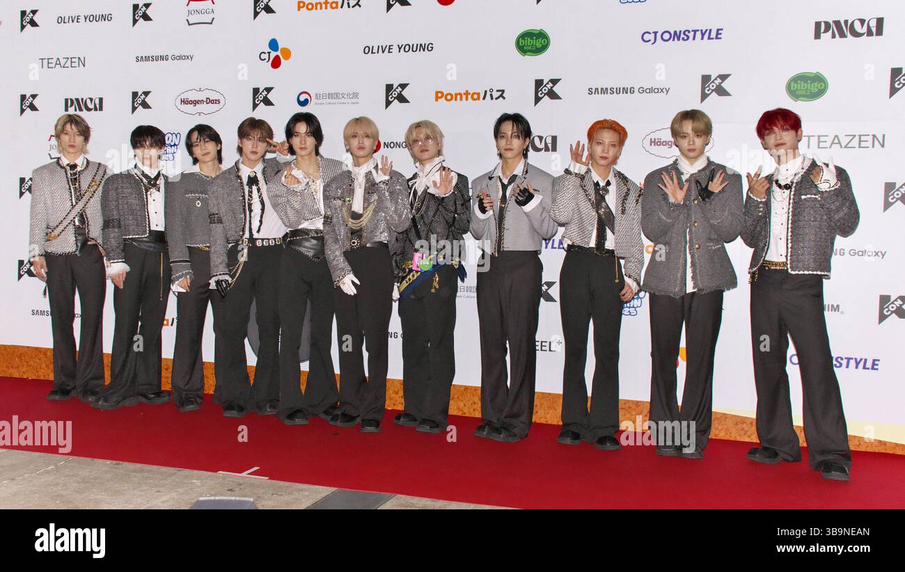 Chiba, Japan. 10th May, 2025. Members of Japanese boy band JO1 pose for photographers during the ...