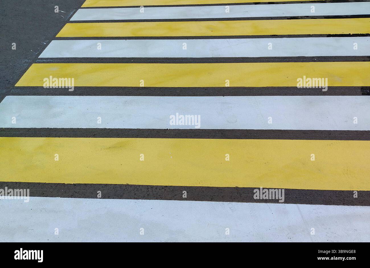 Close-up of the new yellow and white crosswalk markings on an asphalt ...