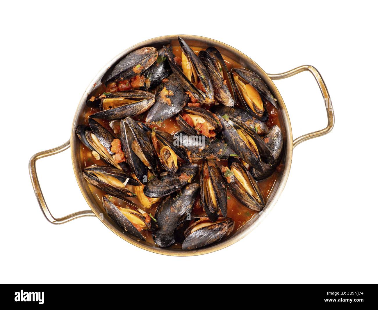 Delicious black mussels in red tomato sauce isolated on white ...