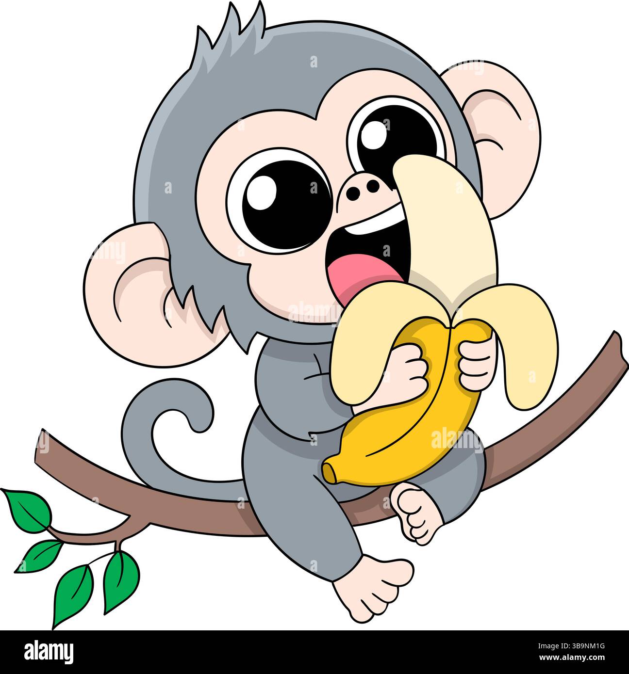 Cartoon doodle of a happy baby monkey sitting on a tree branch while ...