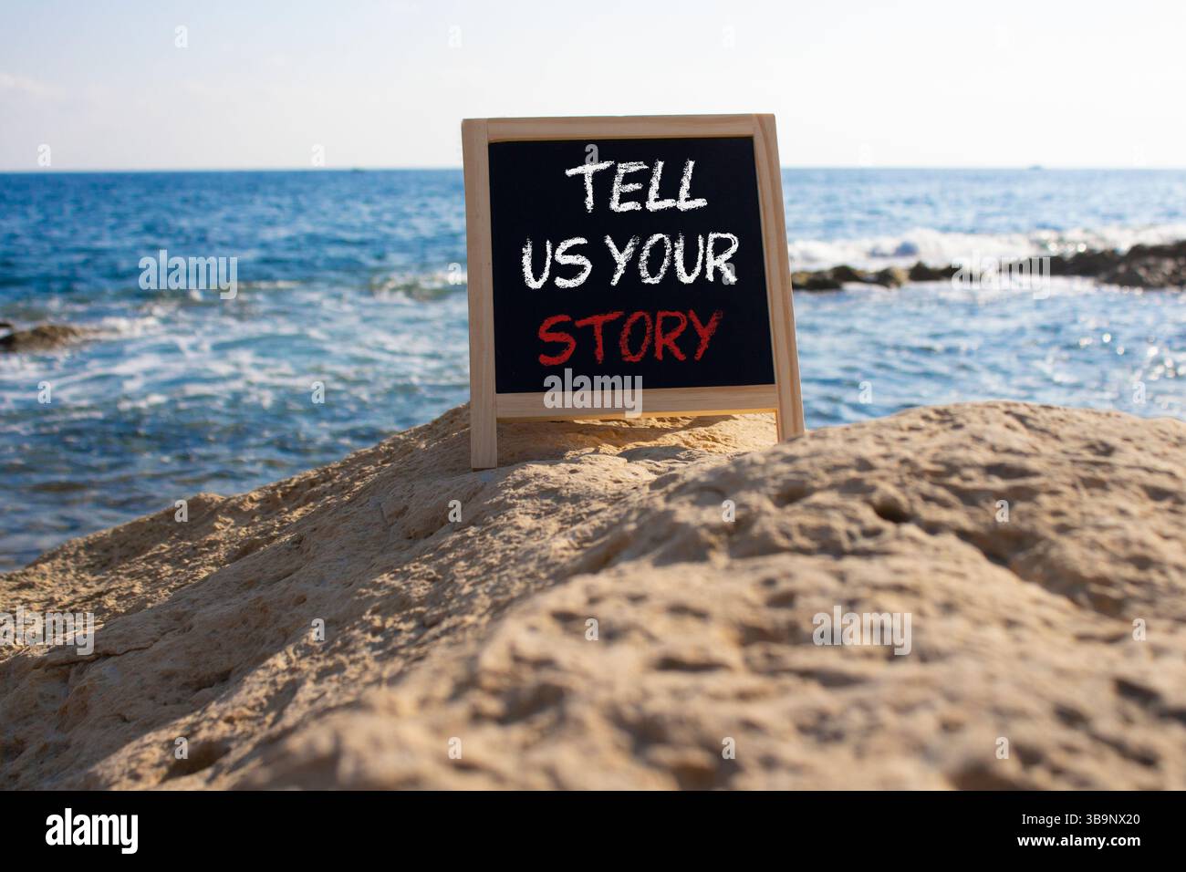 Tell us your story symbol. Concept words Tell us your story on black ...
