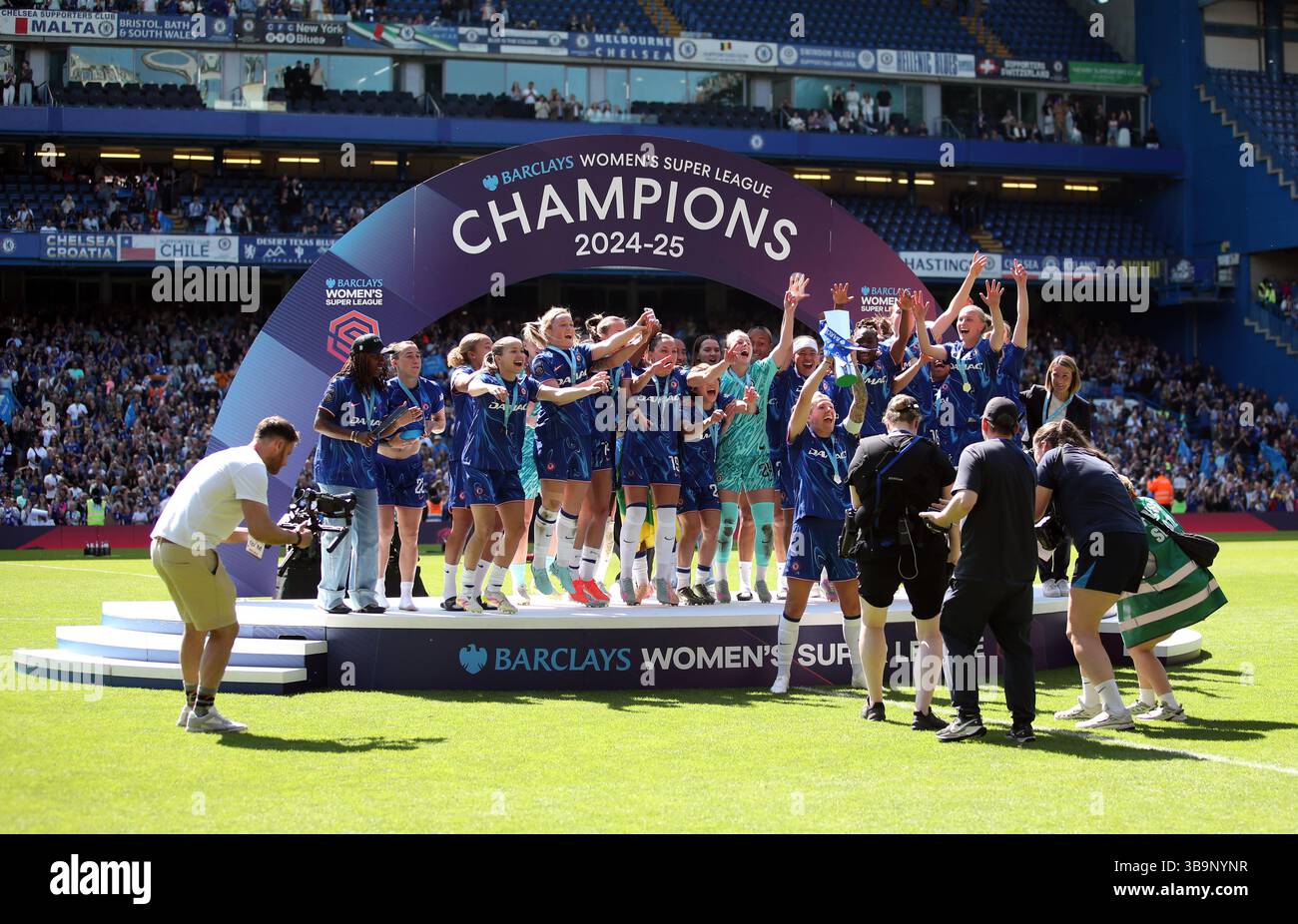 Chelsea lift the Barclays Women's Super League trophy during the ...