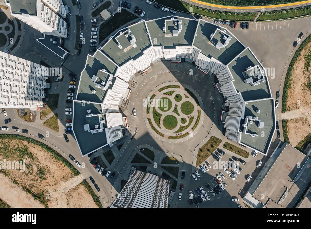 Drone view of semicircle modern high-rise apartments. Aerial top down ...