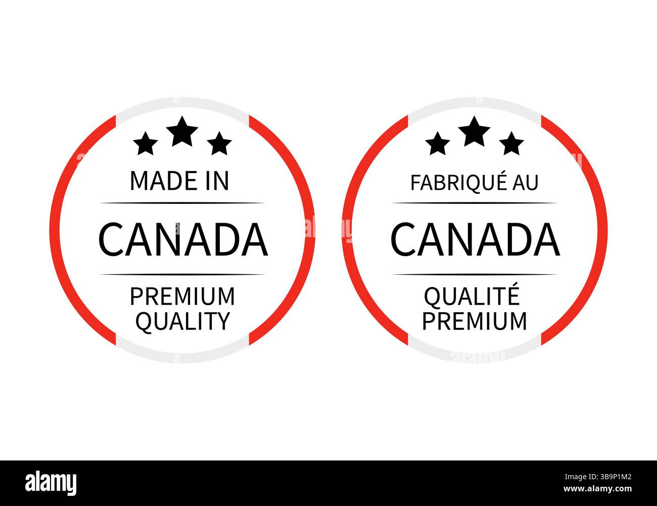 Made in Canada round labels in English and in French languages. Quality ...