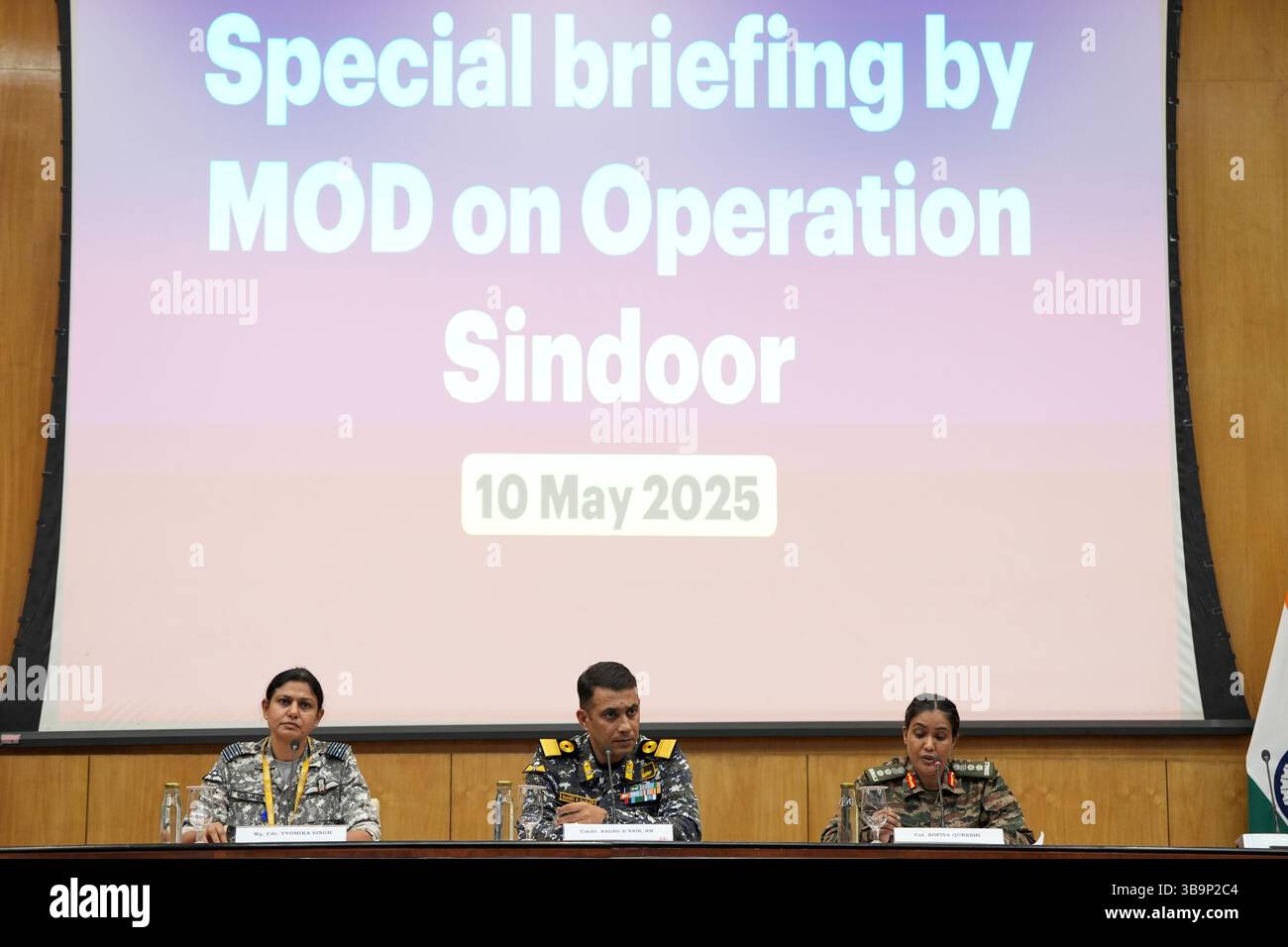 Commodore Raghu R Nair, center, Colonel Sofia Qureshi, right, and Wing ...