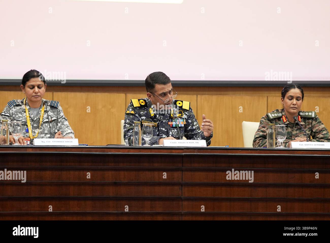 Commodore Raghu R Nair, center, Colonel Sofia Qureshi, right, and Wing ...