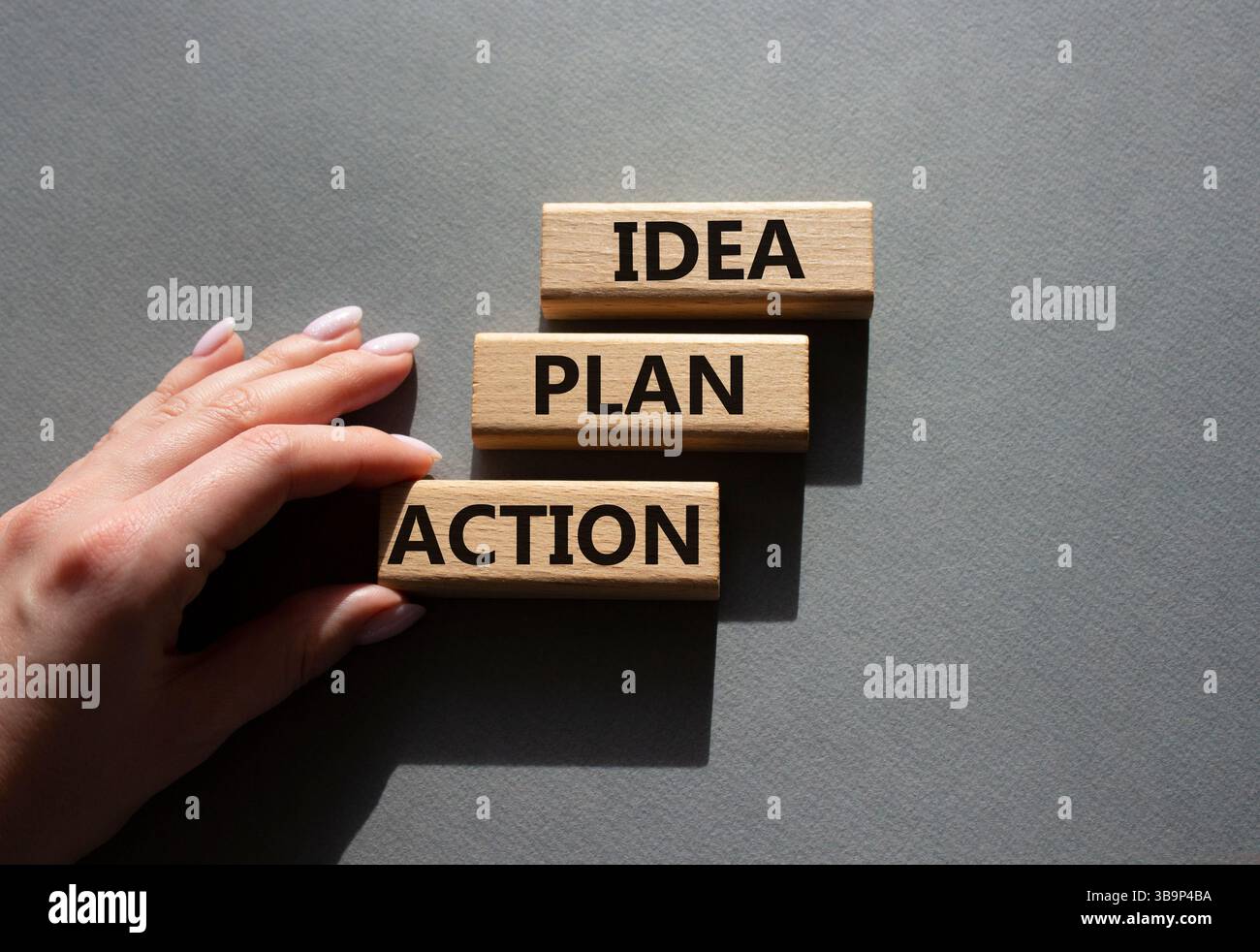 Idea Plan Action symbol. Wooden blocks with words Idea Plan Action. Beautiful grey background ...