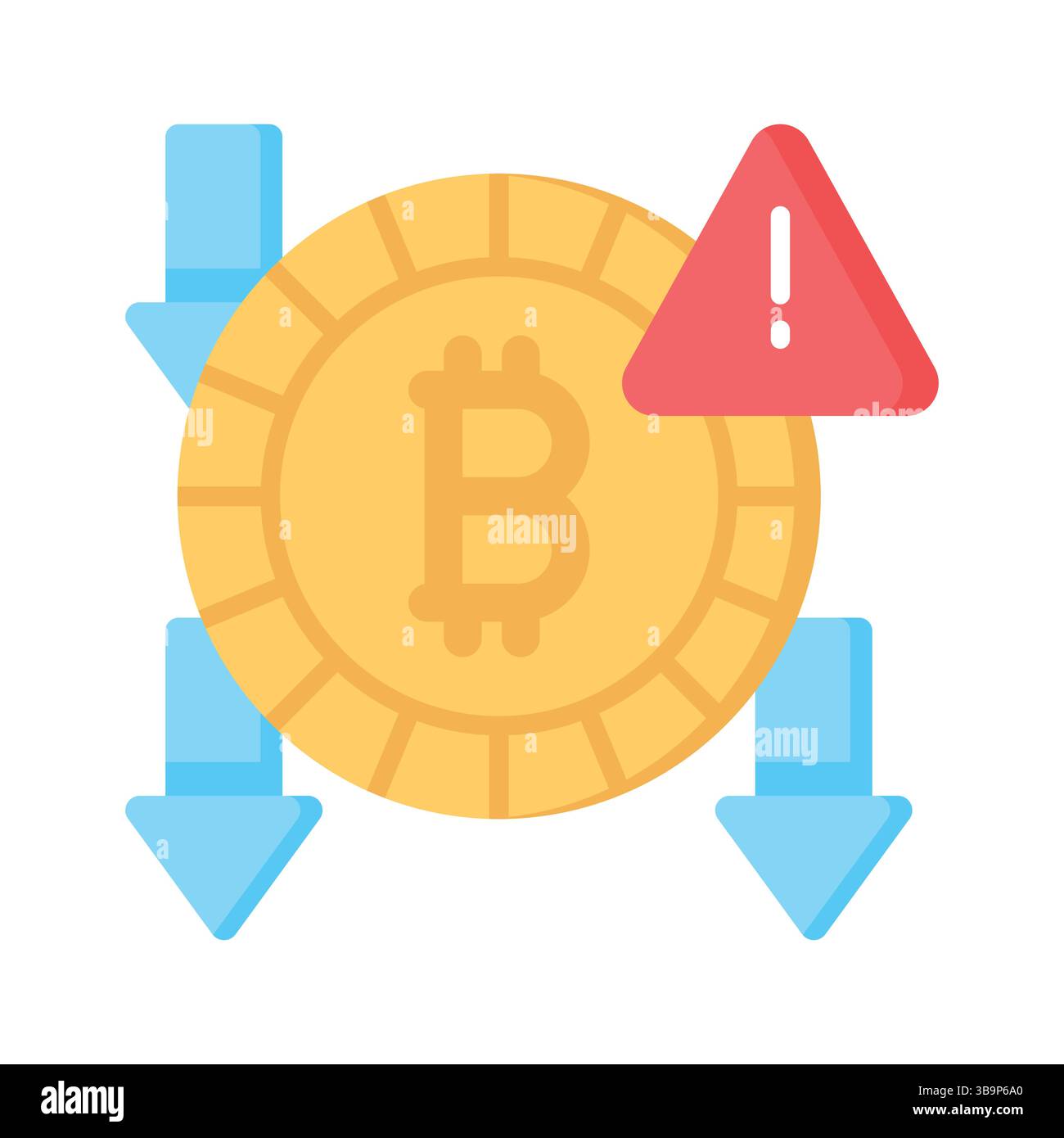 Downward arrows and warning sign with bitcoin showing concept vector of ...
