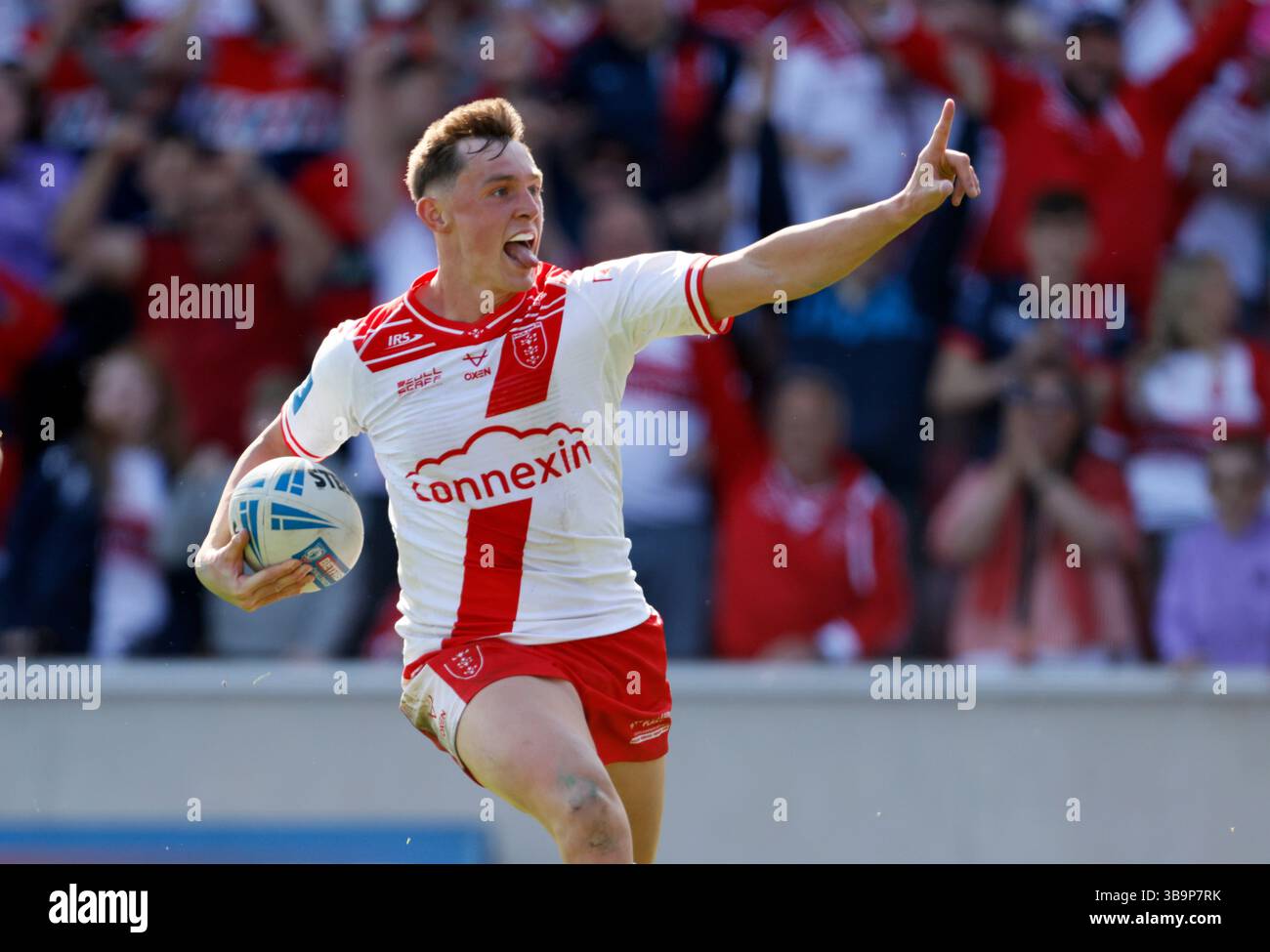 Hull KR's Jack Broadbent celebrates as he runs in to score a try during ...
