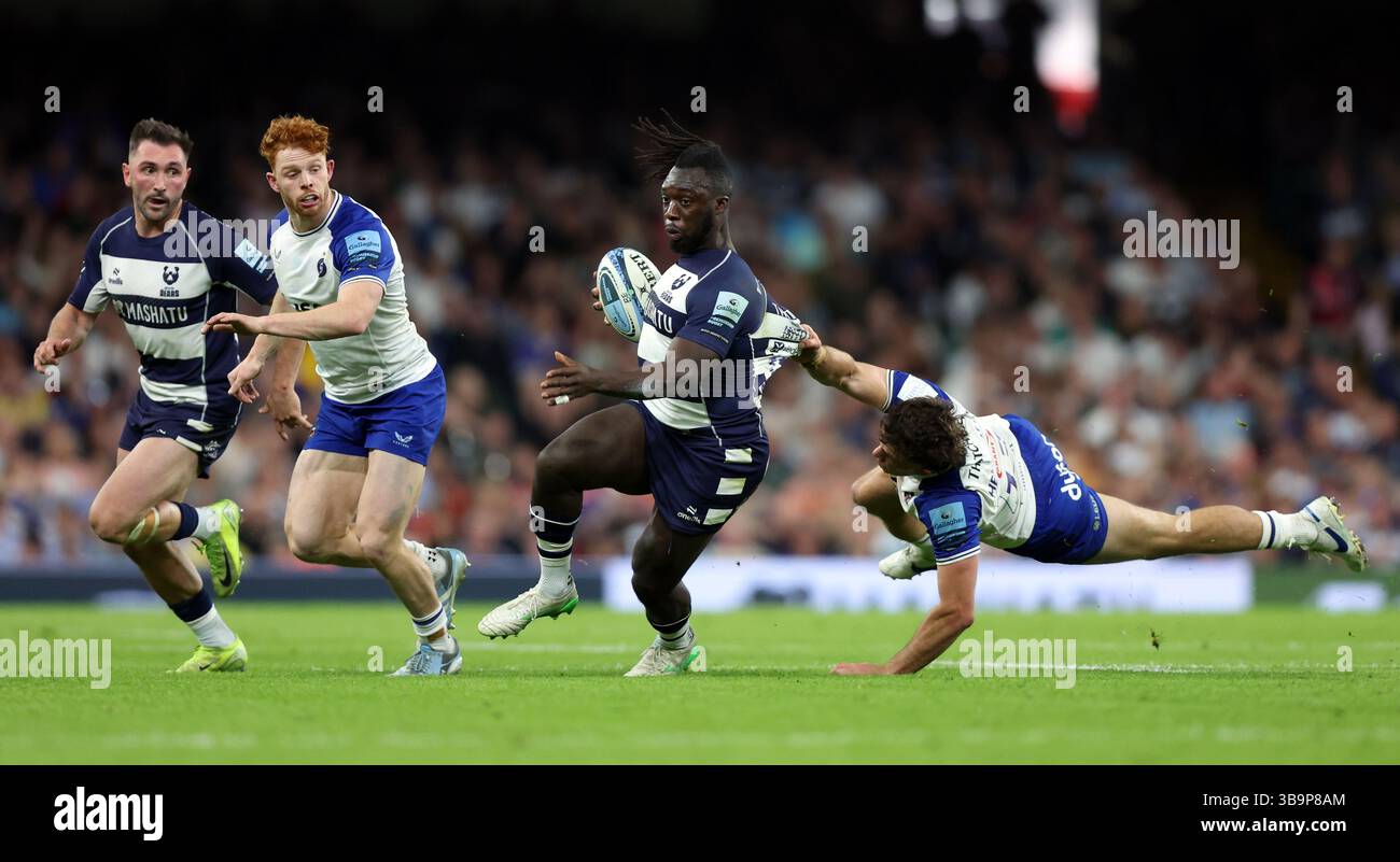 Bristol Bears' Gabriel Ibitoye is tackled by Bath's Louie Hennessey ...