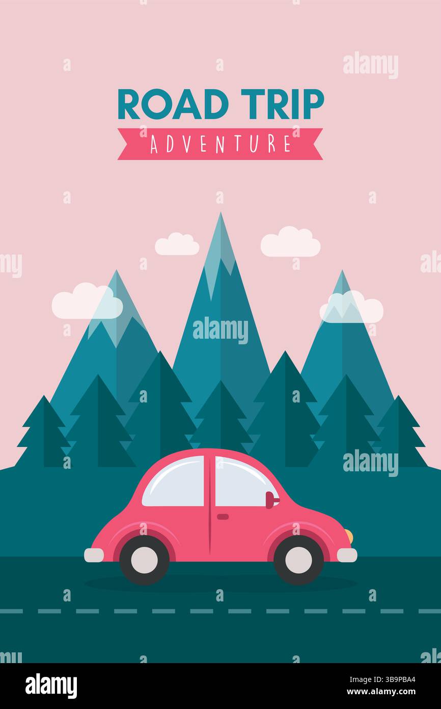 road trip adventure in the wilderness car on mountain landscape vector ...