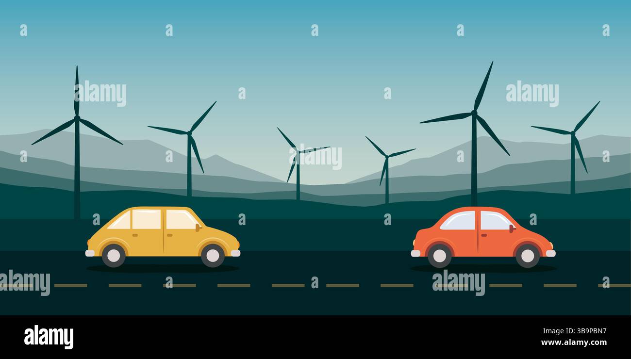 cars driving in a wind farm landscape vector illustration Stock Vector ...