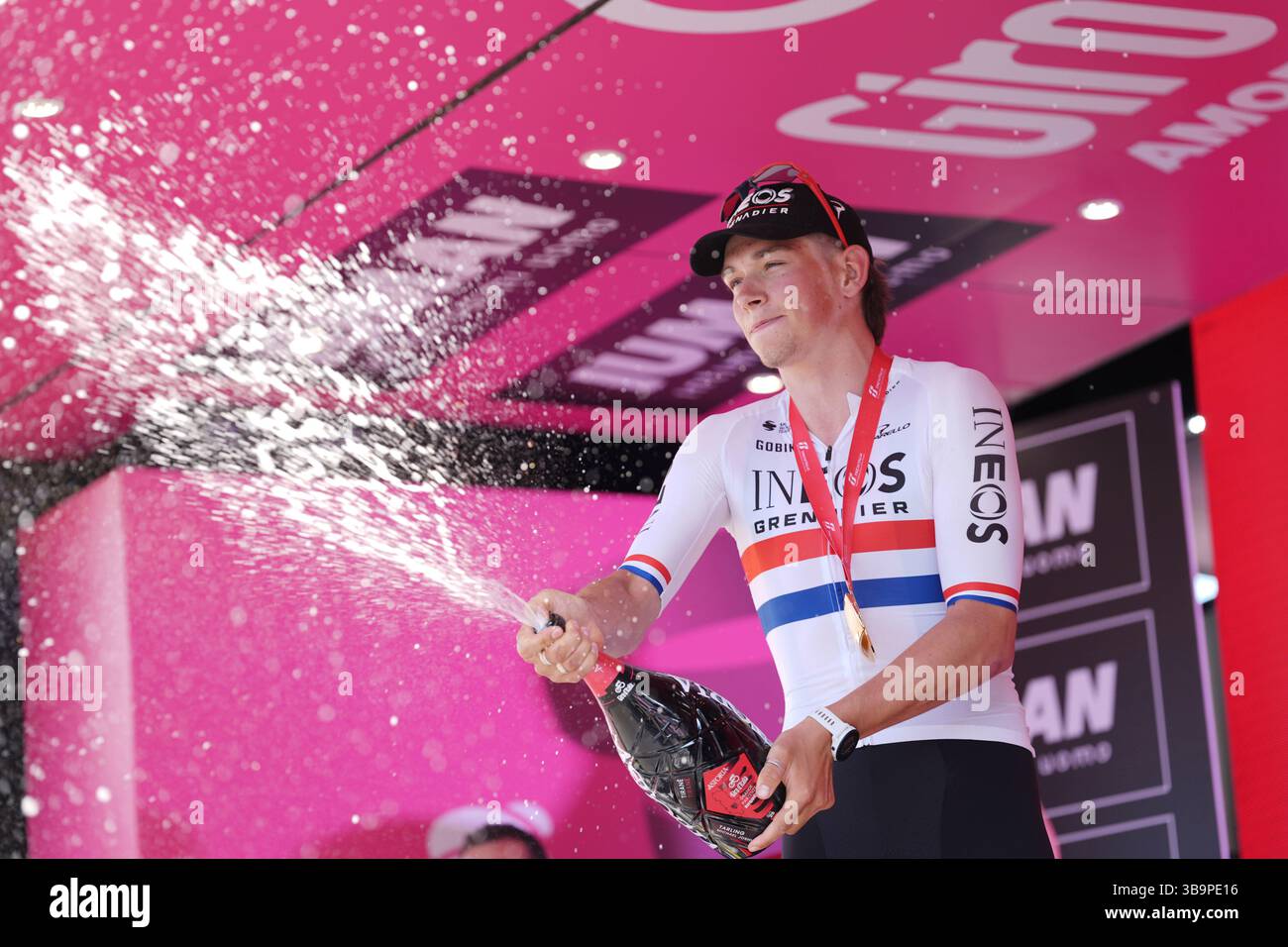 Britain's Josh Tarling celebrates after winning the time trial stage 2 ...