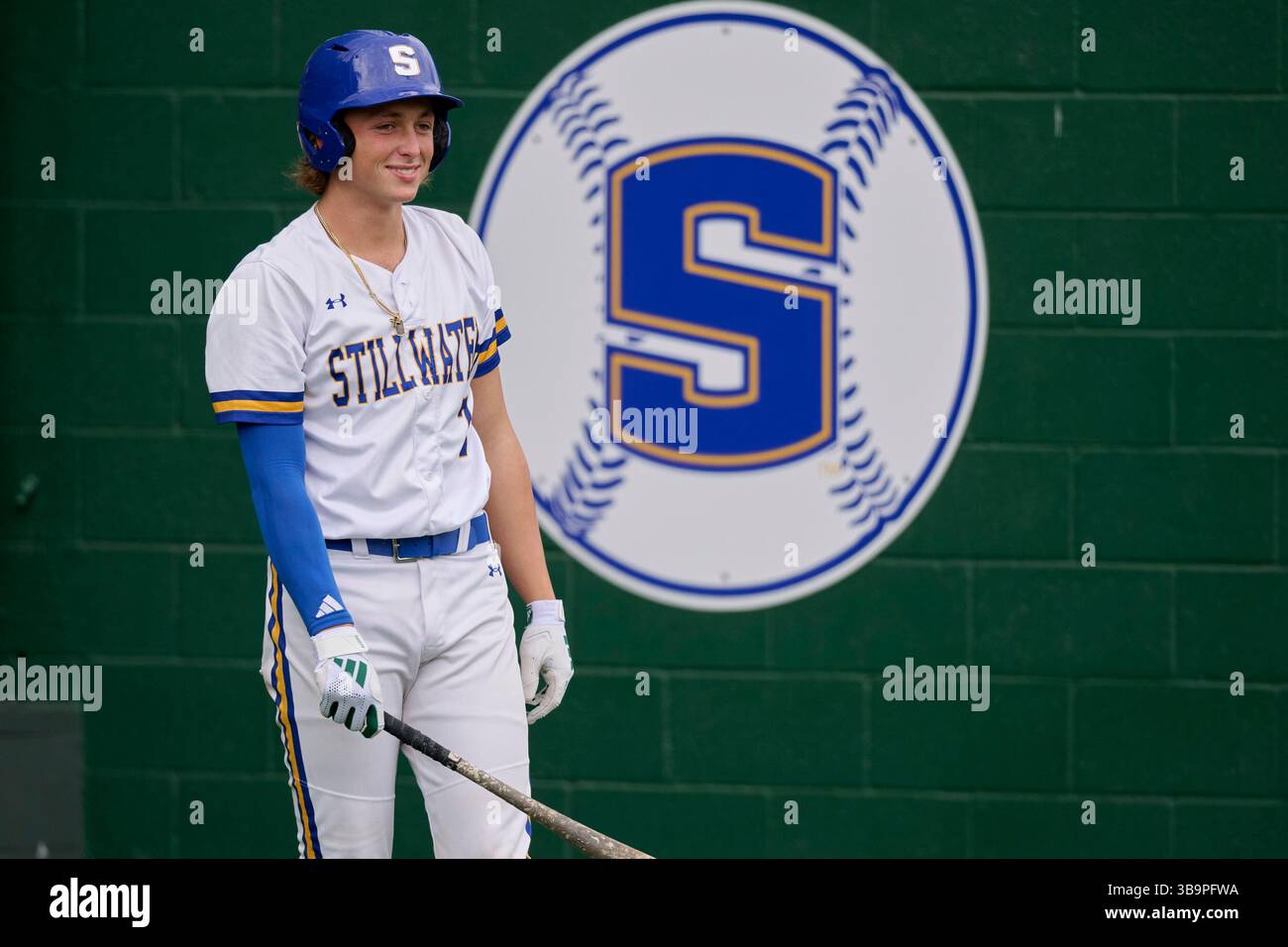 Stillwater Pioneers Ethan Holliday (7) on deck during a High School ...