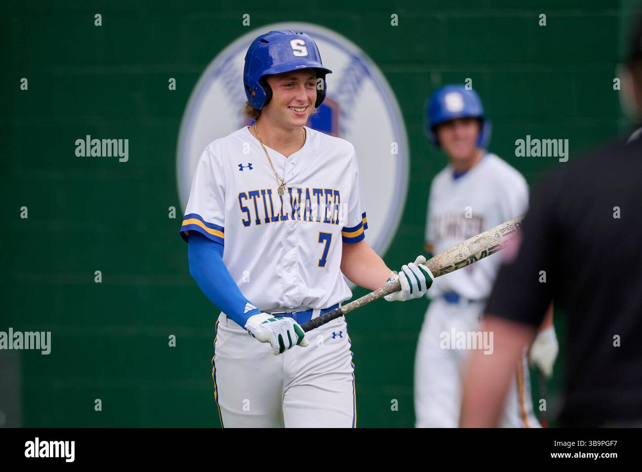 Stillwater Pioneers Ethan Holliday (7) walks to the plate during a High ...