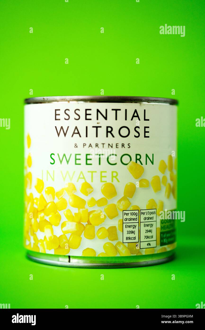 London UK, May 10 2025, Tin of Essential Waitrose Sweetcorn Vegetables ...