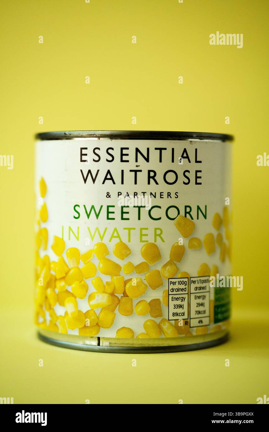 London UK, May 10 2025, Tin of Essential Waitrose Sweetcorn Vegetables ...