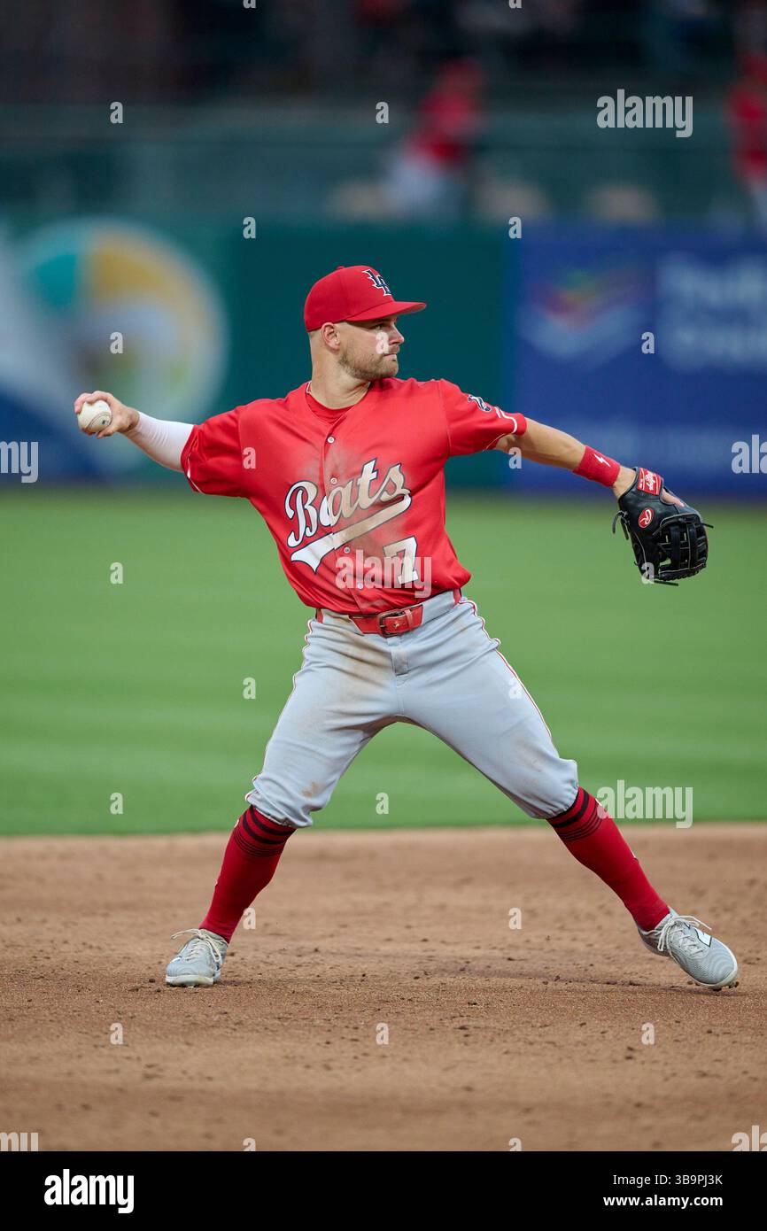 Louisville Bats shortstop Levi Jordan (7) throws to first base during ...