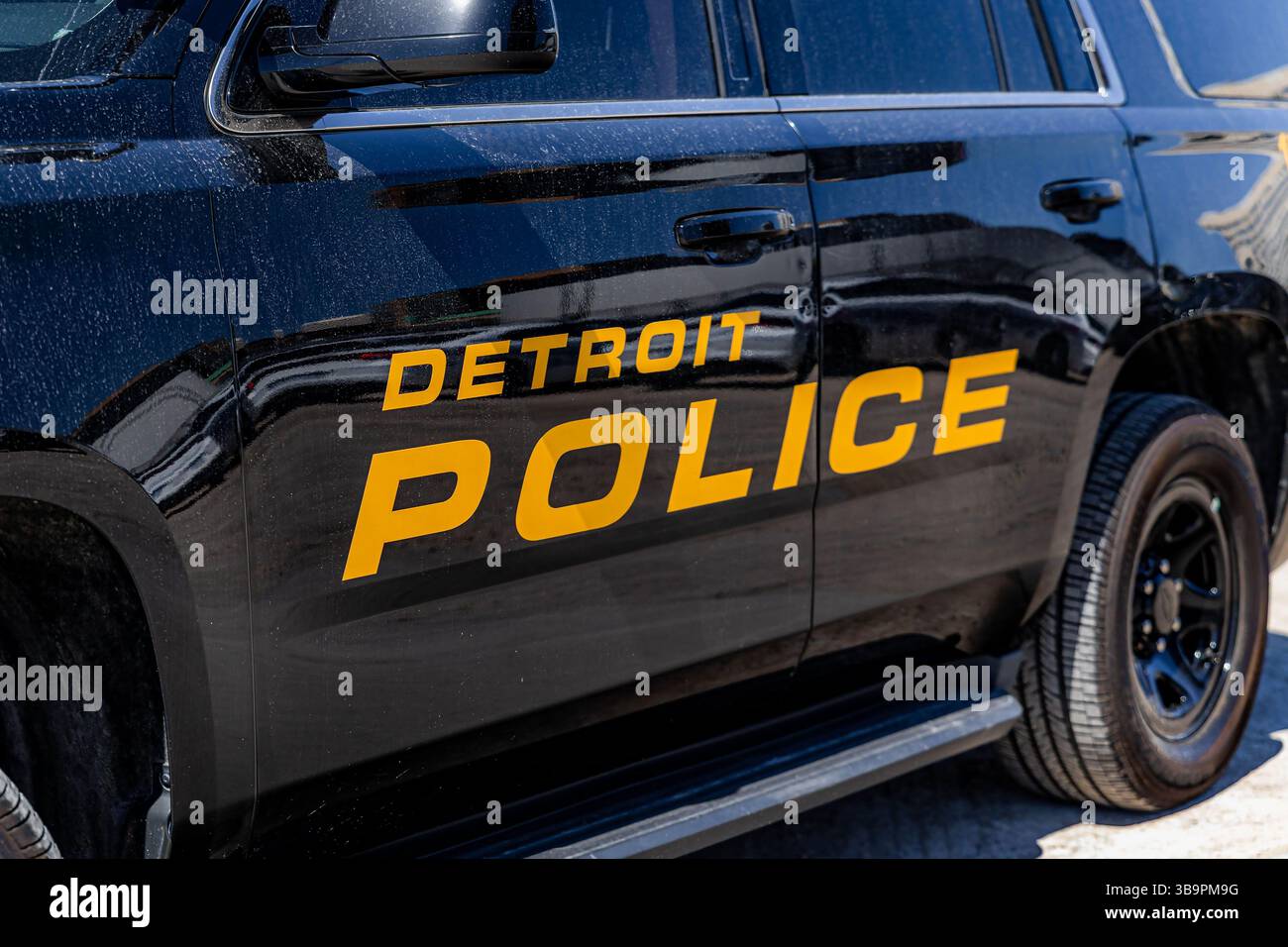 Detroit, MI, USA - 04-22-2025: Close-up photo of a Detroit Police Department patrol car in ...