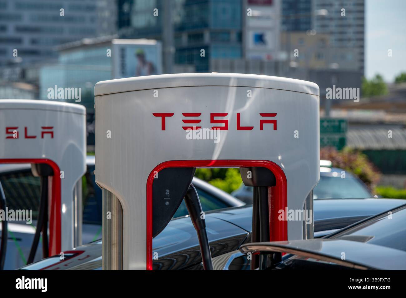 Bratislava, Slovakia - May, 10, 2025 : Tesla charging station. Tesla ...