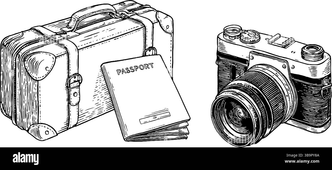 Vintage travel set with suitcase, camera, and passport engraving design ...