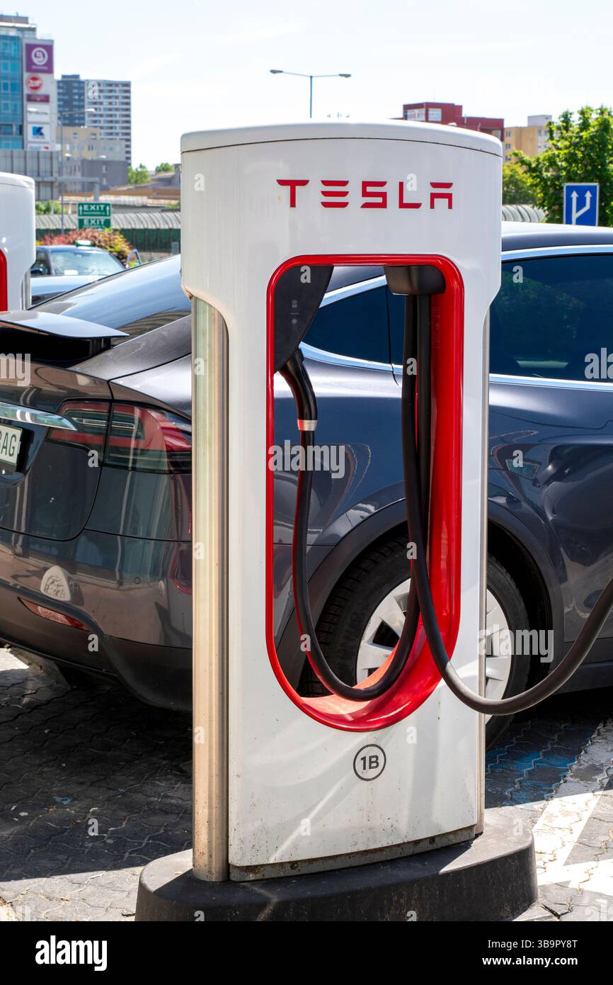 Bratislava, Slovakia - May, 10, 2025 : Tesla charging station. Tesla ...