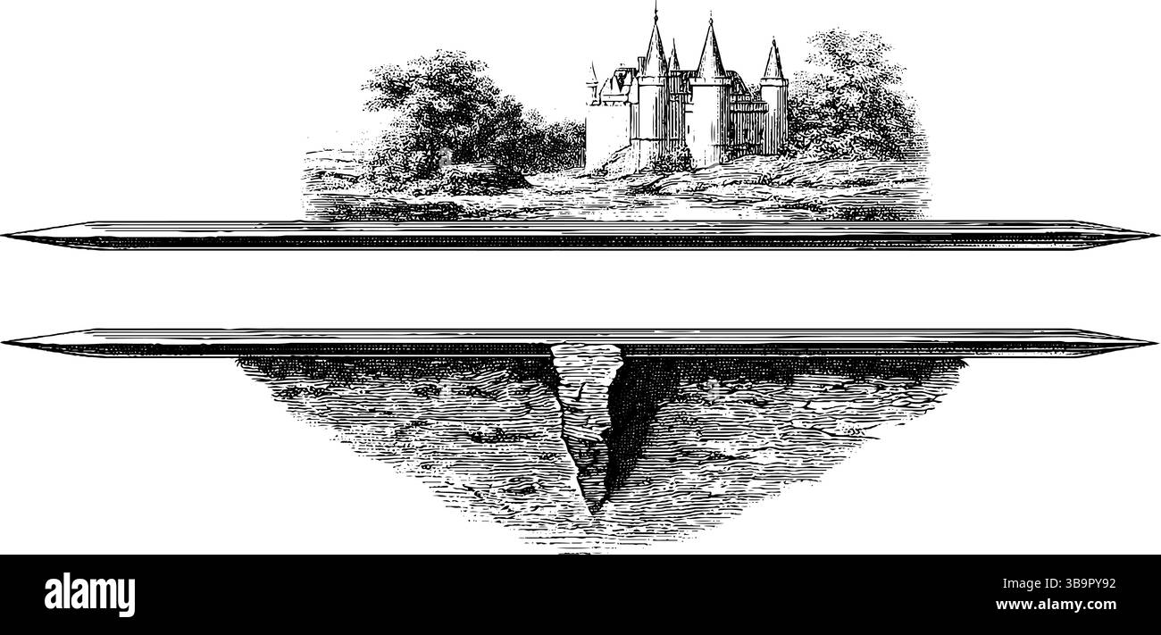 Engraved illustration of castle with moat and medieval fortification ...