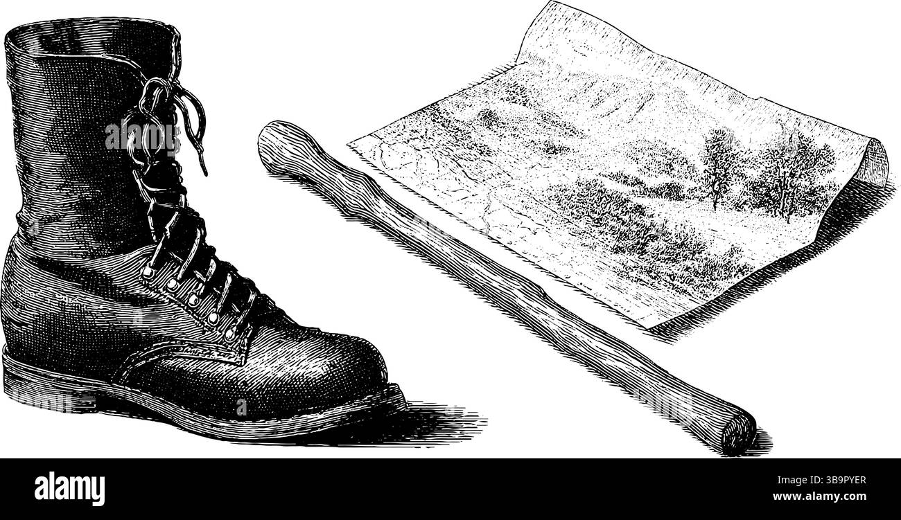 Vintage exploration theme with old boot, walking stick, and map design ...