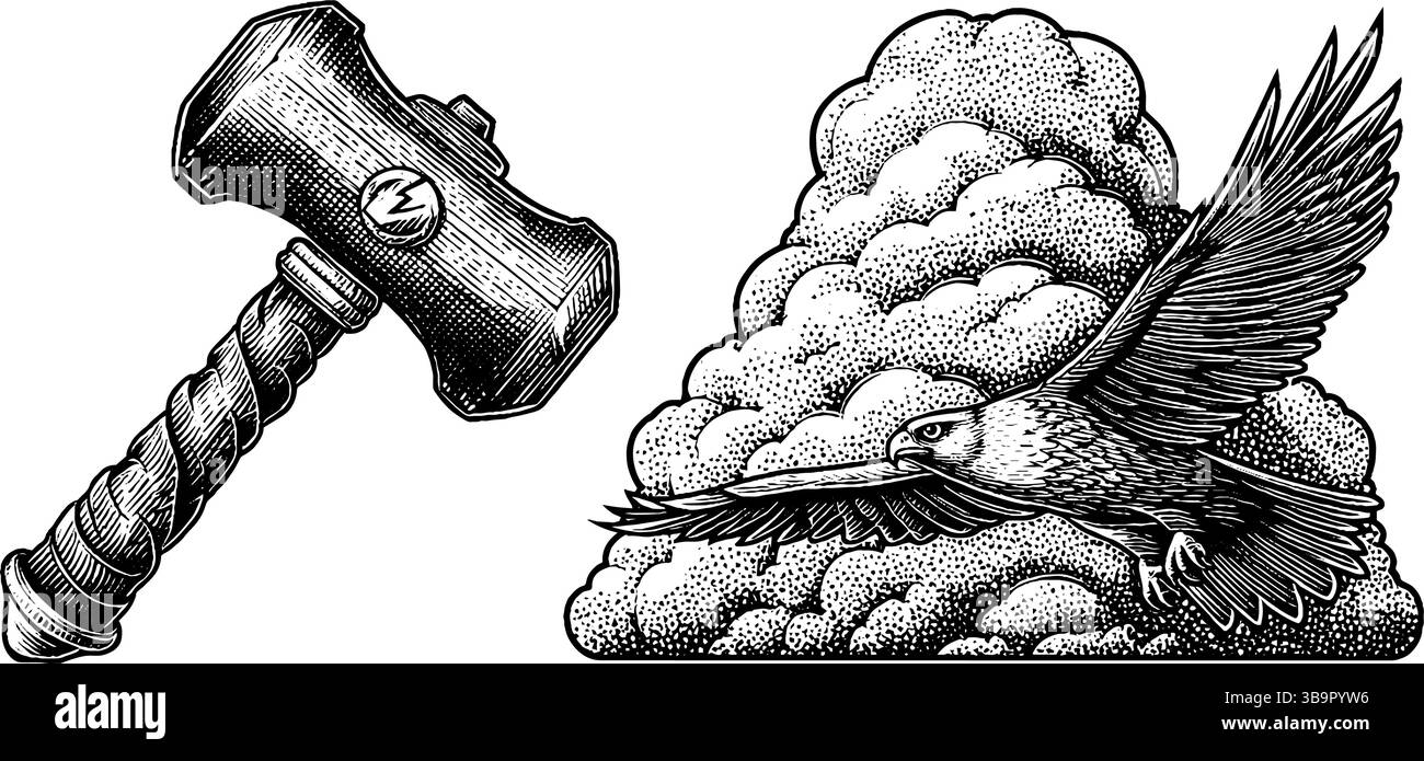 Engraved viking symbols: thor's hammer and soaring bird in detailed ...