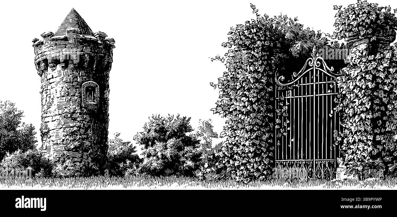 Medieval castle tower and iron gate with vine details for historical ...