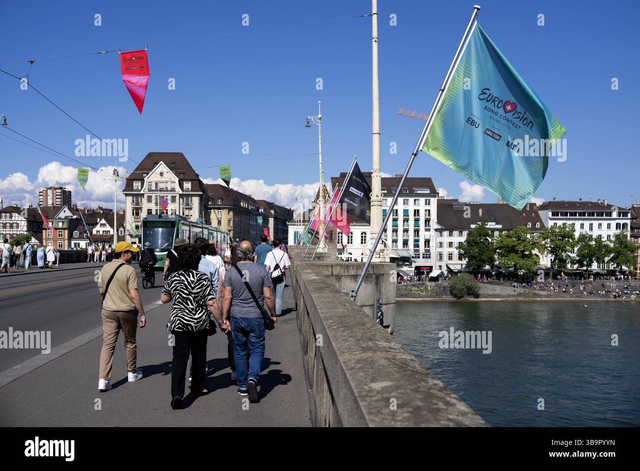 BASEL - Flags in Basel's city center (Mittlere BrÃ¼cke) where the 2025 ...