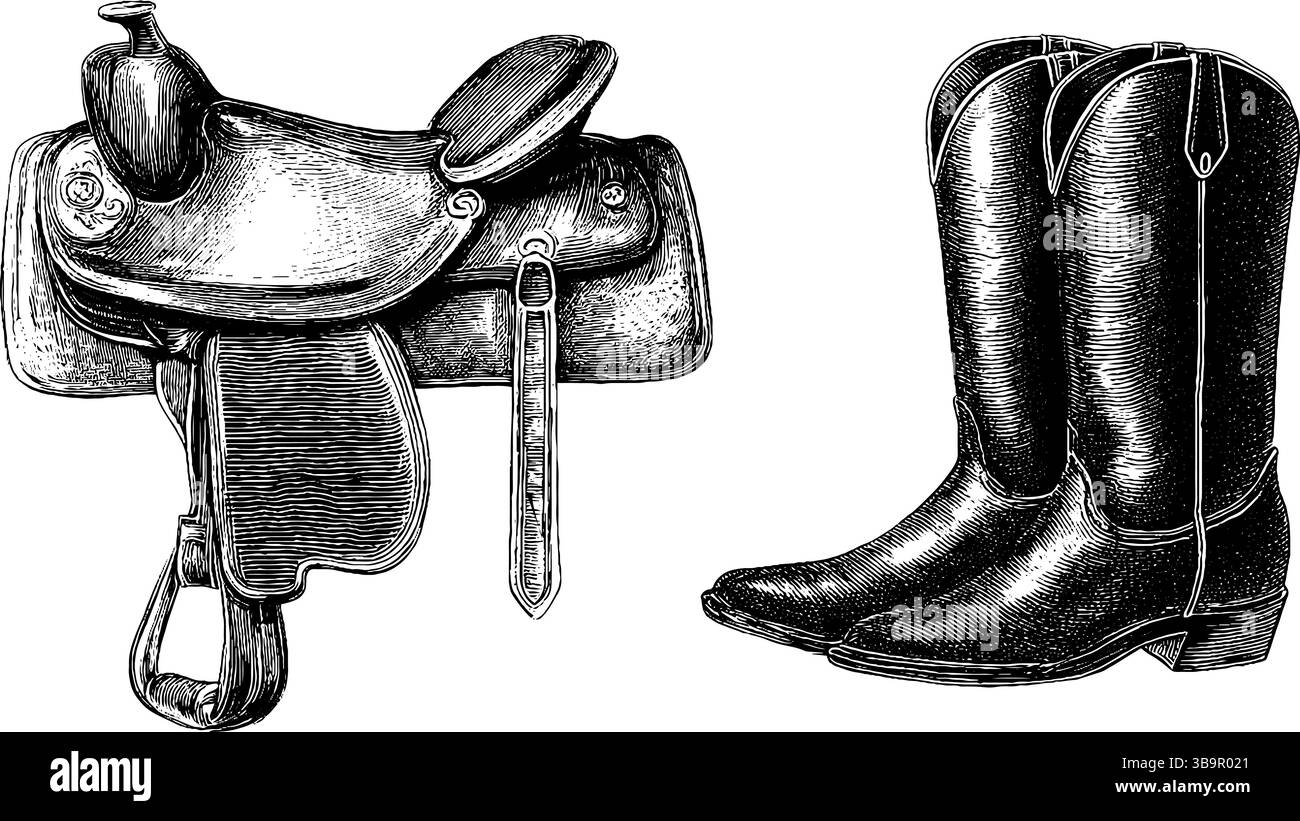 Vintage equestrian gear illustration featuring horse saddle and riding ...