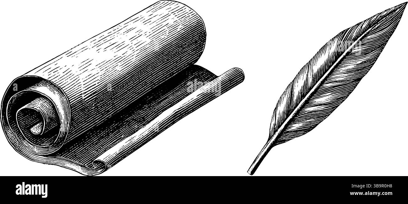Vintage engraving of scroll and quill for historical writing and ...