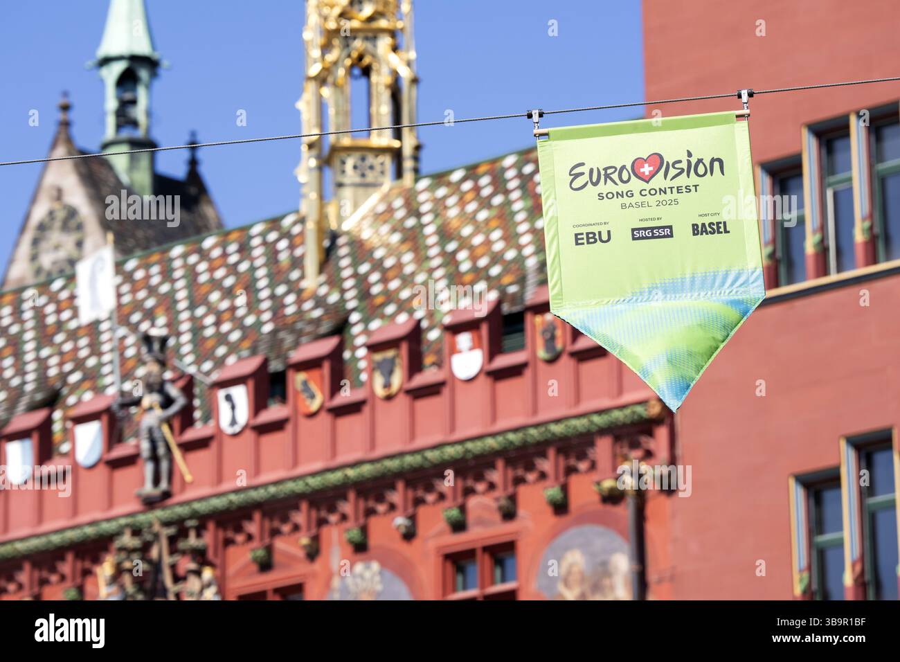 BASEL - Flags in the downtown area (Rathaus des Kantons Basel-Stadt) of Basel hosting the 2025 ...
